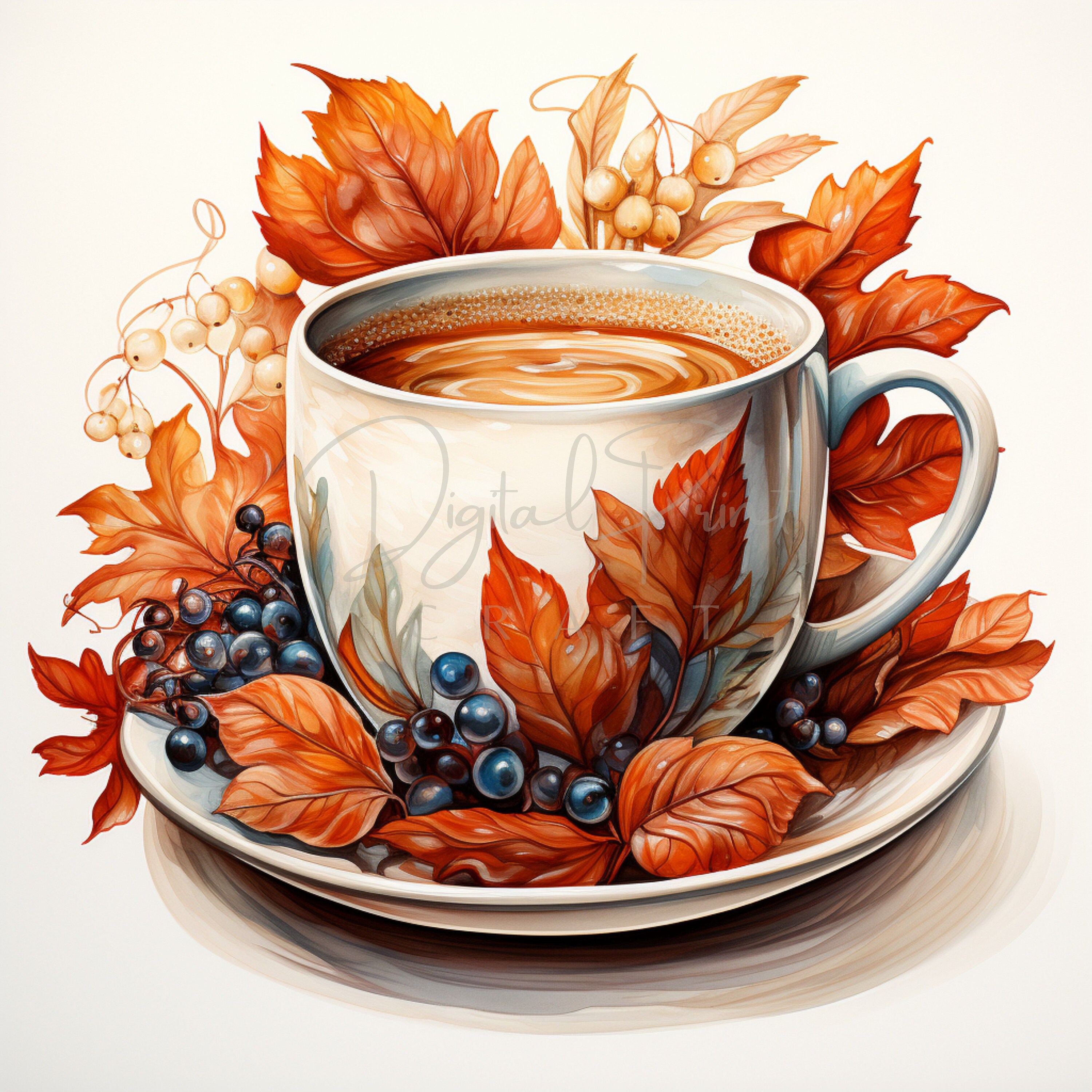 12 Fall Coffe Mug Clipart, Floral Autumn Decoration, Ideal for ...