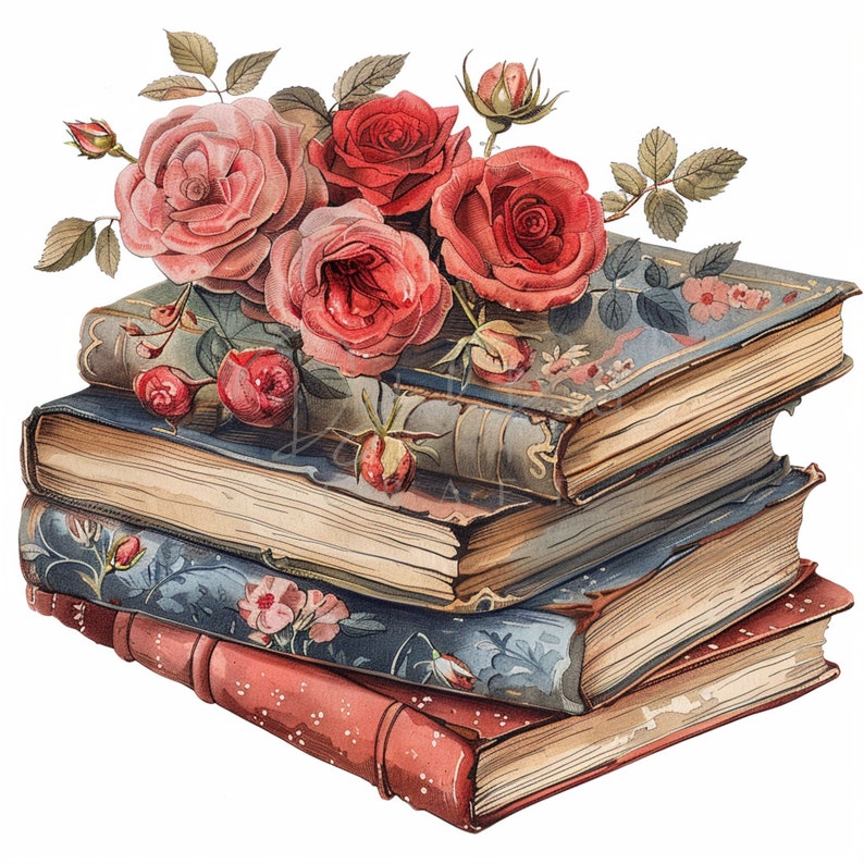 Vintage Stack of Books , Floral Book Clipart, 10 High Quality Jpgs ...