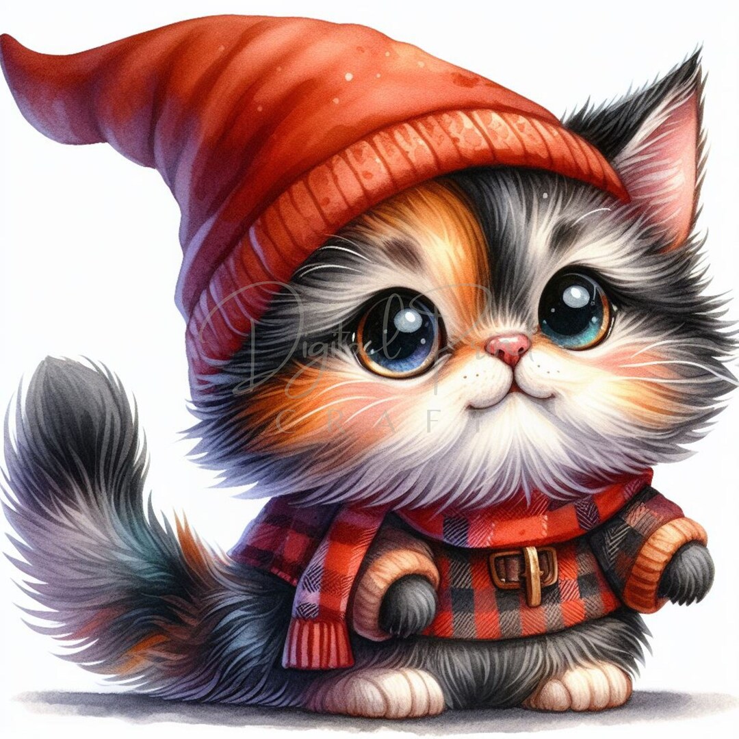 Gnome Cat Watercolor Clipart Bundle , 13 JPG High Quality Clipart, Pet ...