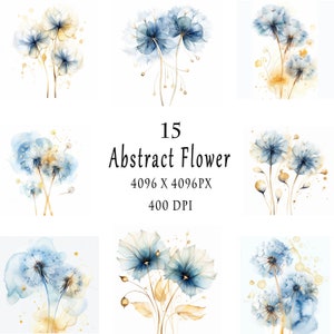 Abstract Floral Watercolor Print Clipart, Gold Blue Floral, 15 JPG ...