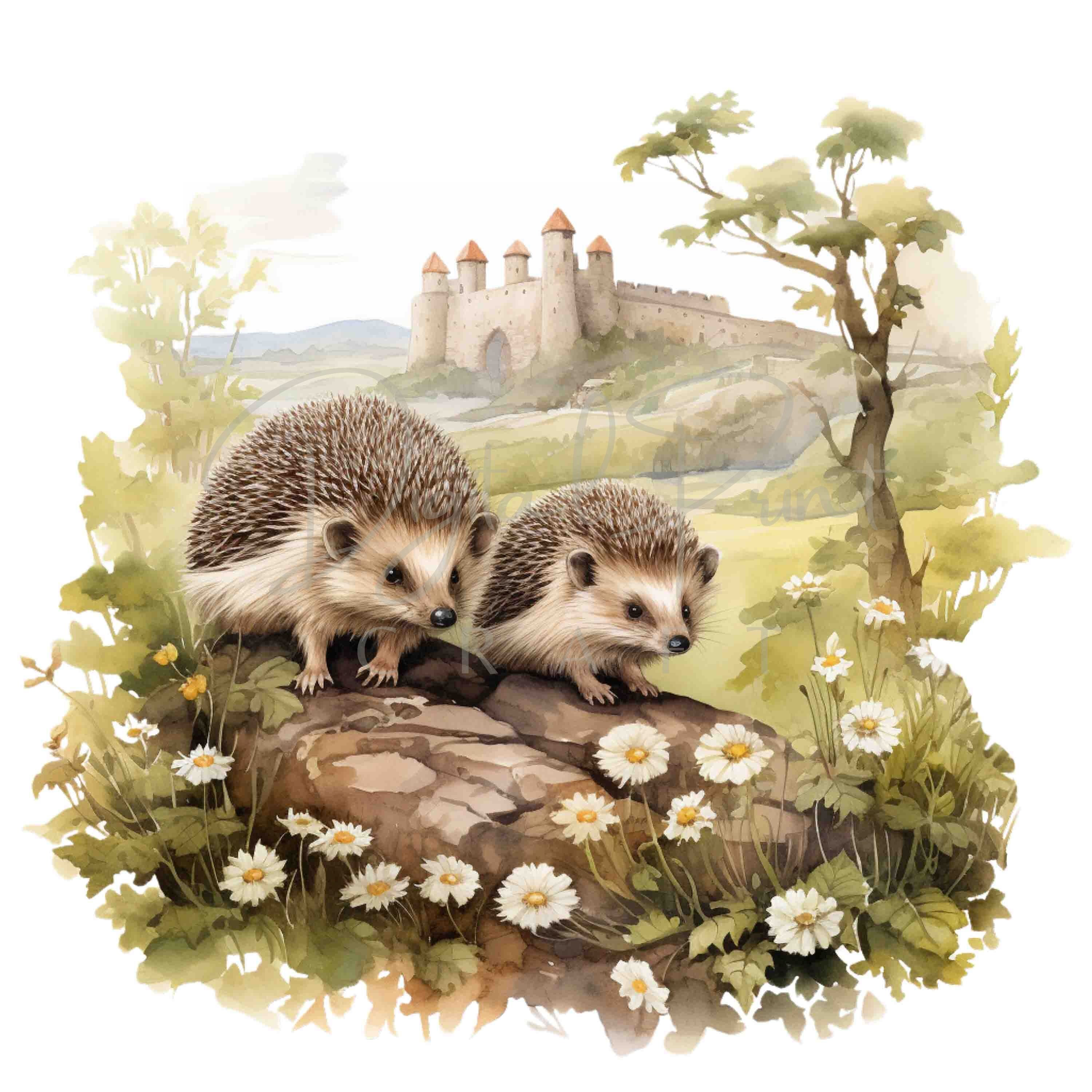 18 Hedgehog Sweet Floral Clipart, Summer Landscape, Watercolor PNG ...