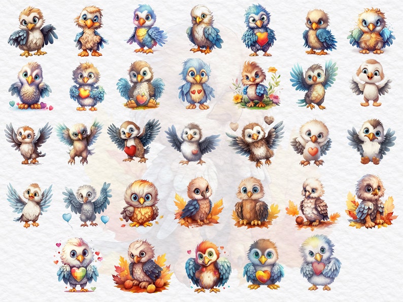 Colorful Cute Baby Eagles Clipart PNG Bundle Watercolor PNG - Etsy