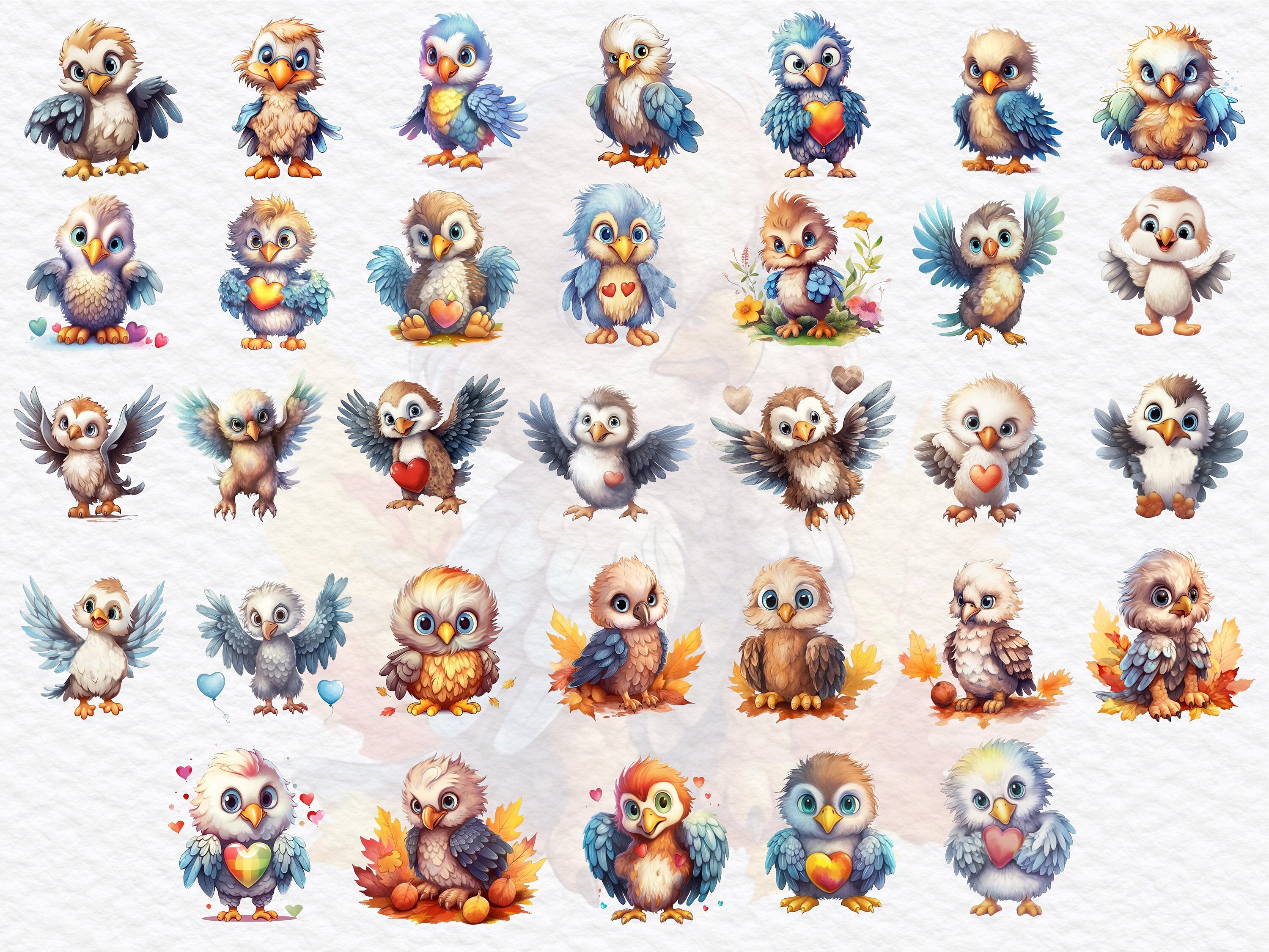 Colorful Cute Baby Eagles Clipart PNG Bundle, Watercolor PNG Files for ...