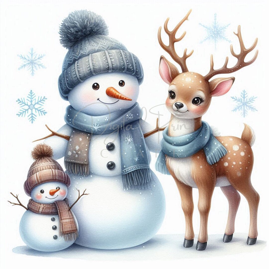 10 Snowman Reindeer, Cute Snow Clipart, Christmas for Kids, Watercolor ...