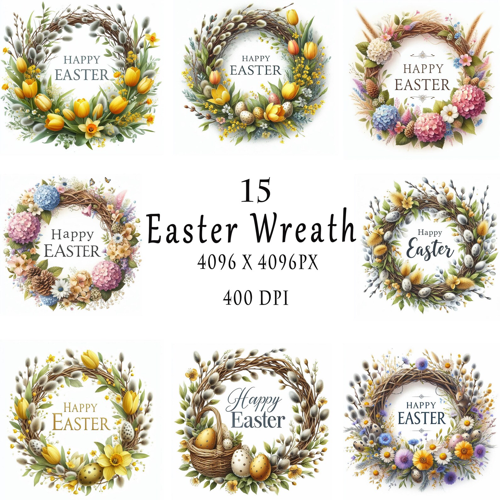 Easter Wreath Clipart, 15 High Quality JPG, Happy Easter Clipart ...