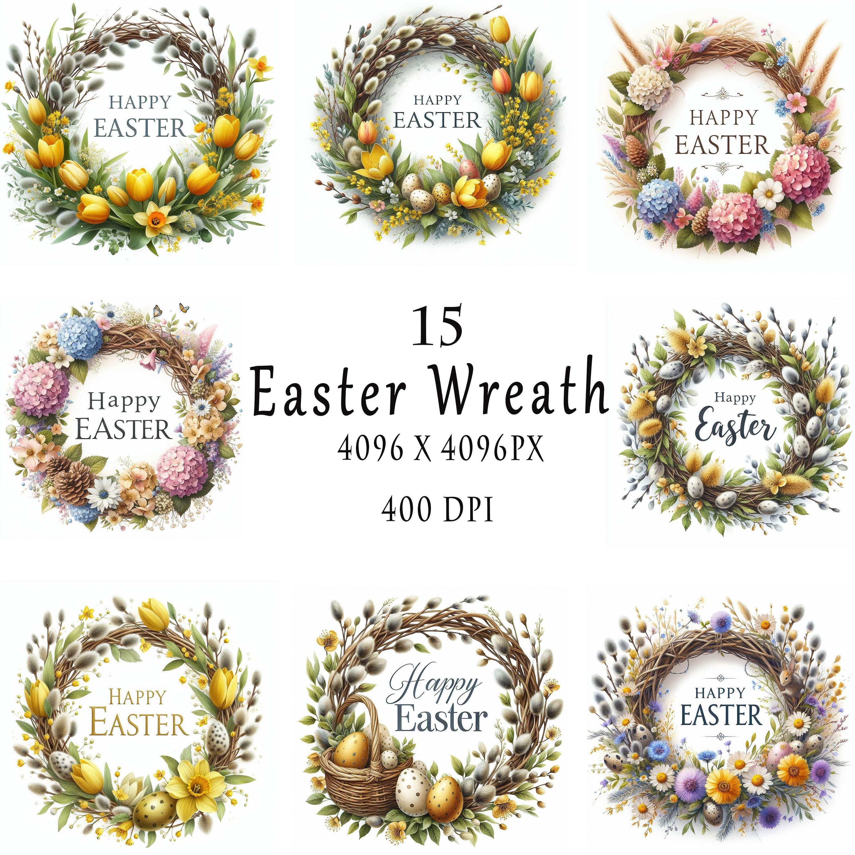 Easter Wreath Clipart, 15 High Quality JPG, Happy Easter Clipart ...