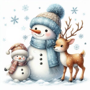 10 Snowman Reindeer, Cute Snow Clipart, Christmas for Kids, Watercolor ...