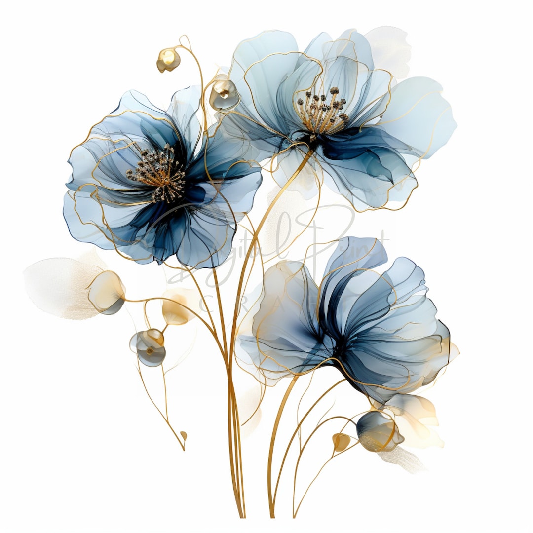 Floral Abstract Painting Clipart, Blue Gold Floral, 14 JPG, Printable ...