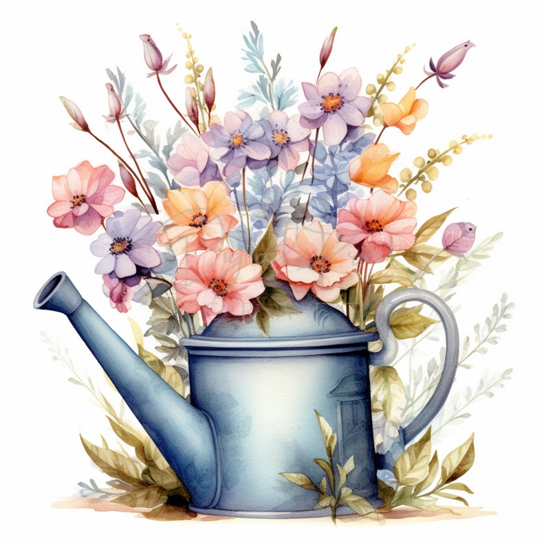 Shabby Chic Blue Watering Can, Flower Clipart, 12 High Quality Jpgs ...