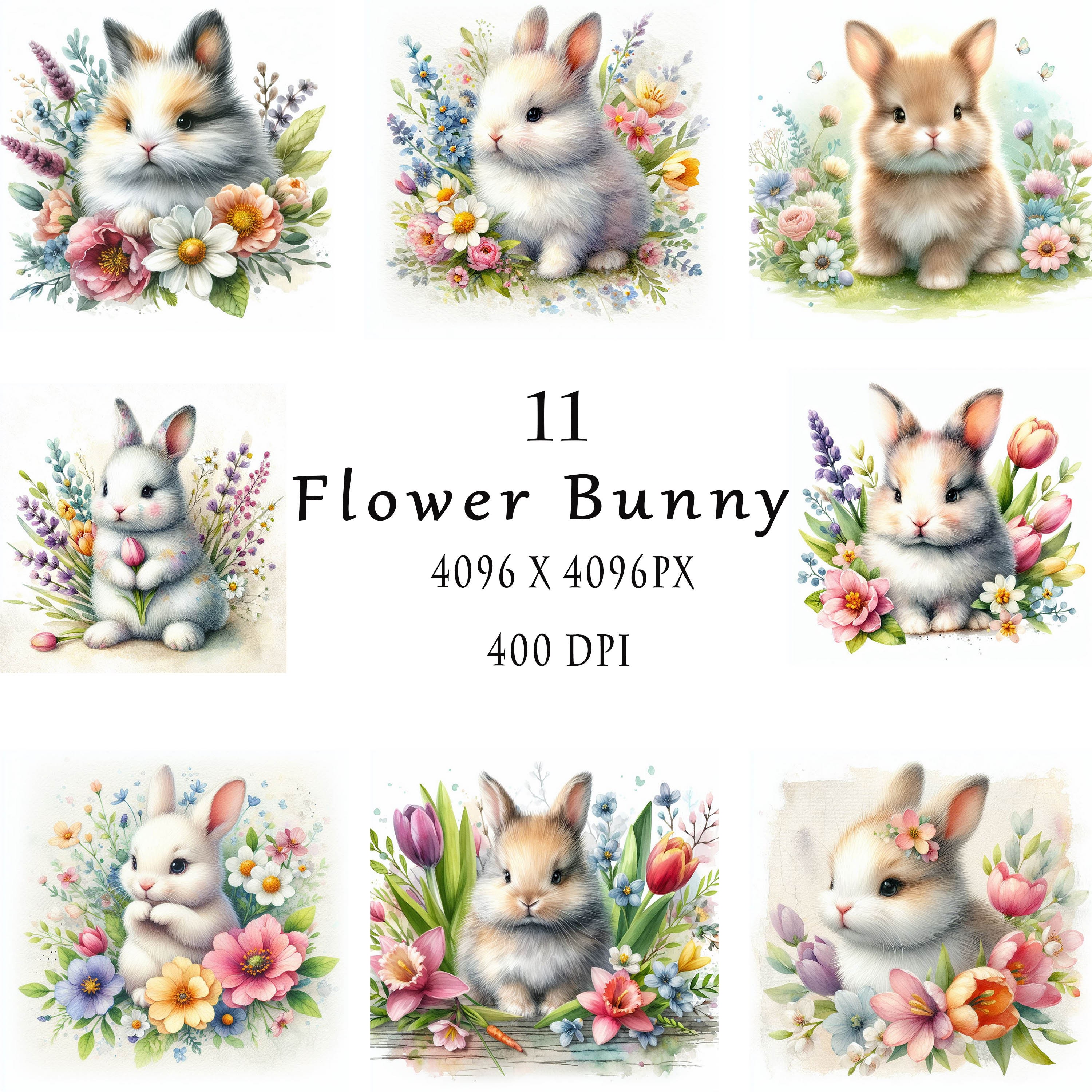 Bunny With Flowers - 11 High Quality Jpgs - Easter Bunny Clipart ...