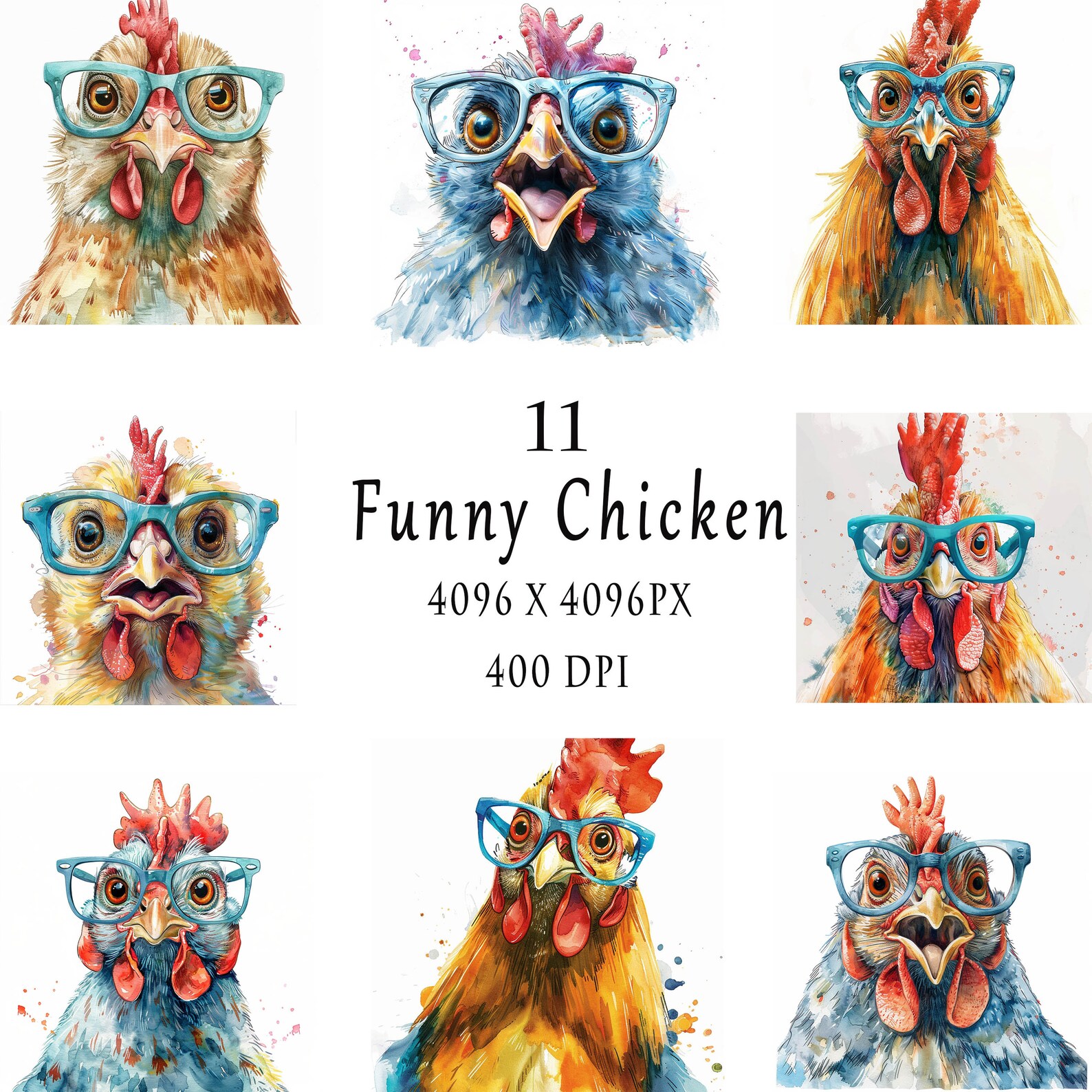 Funny Chicken Glasses Clipart, Colorful Chicken, 11 Jpgs, Printable ...