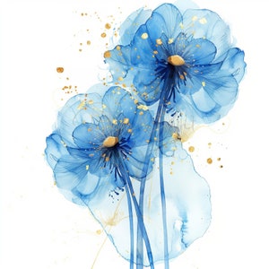 Abstract Floral Watercolor Print Clipart, Gold Blue Floral, 15 JPG ...