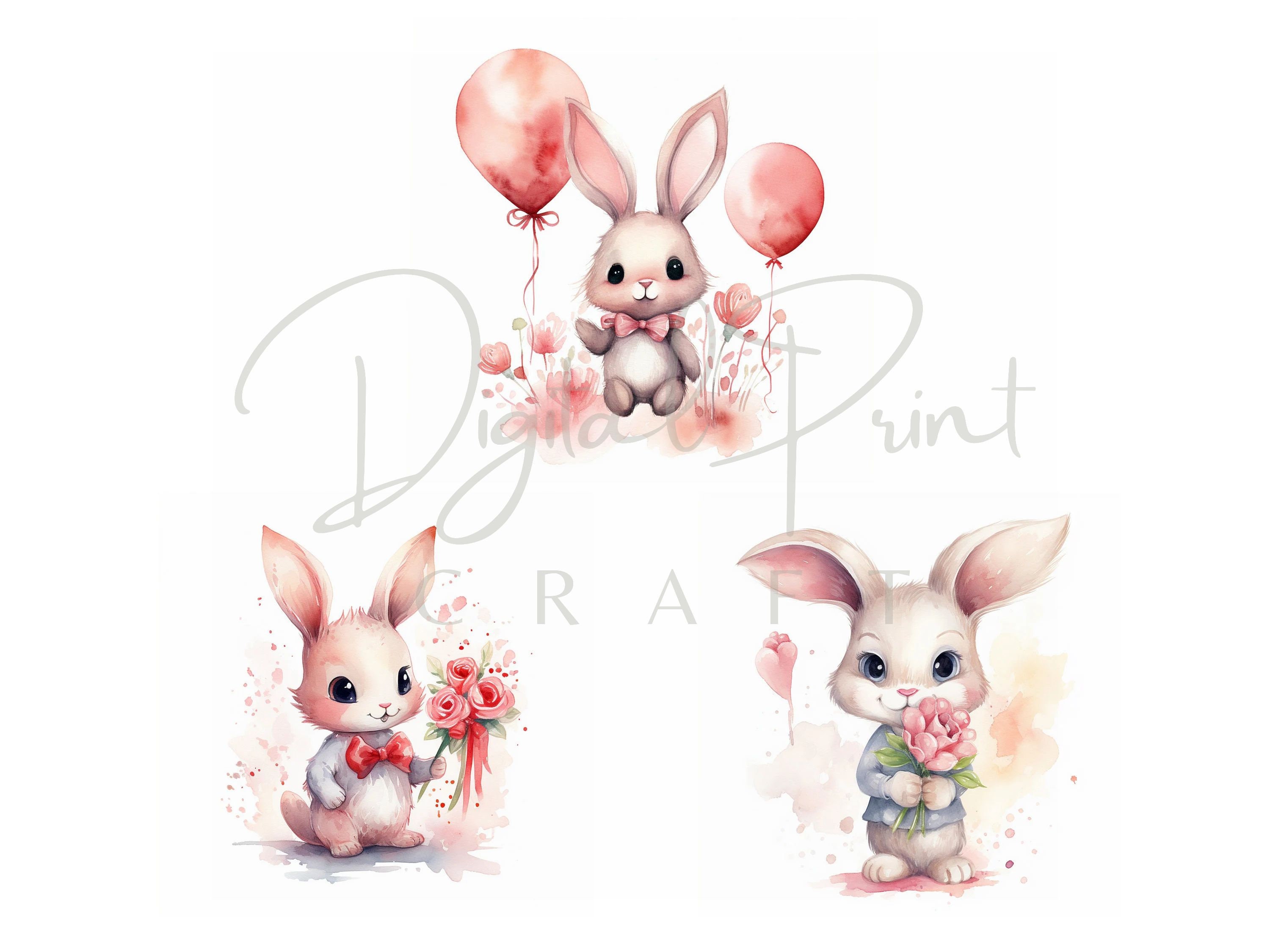 Watercolor Valentines Bunny Clipart, 10 JPG Valentines Day Clipart ...