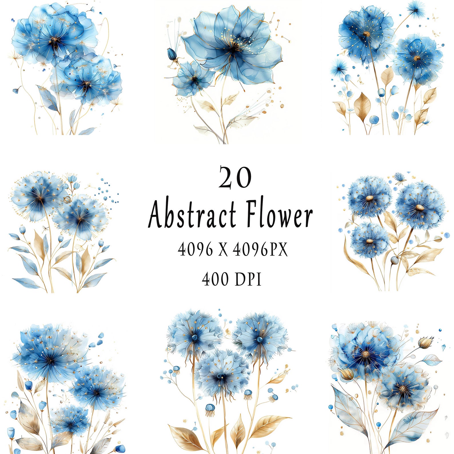 Abstract Flower Clipart, Gold Blue Floral, 20 High Quality Jpgs ...