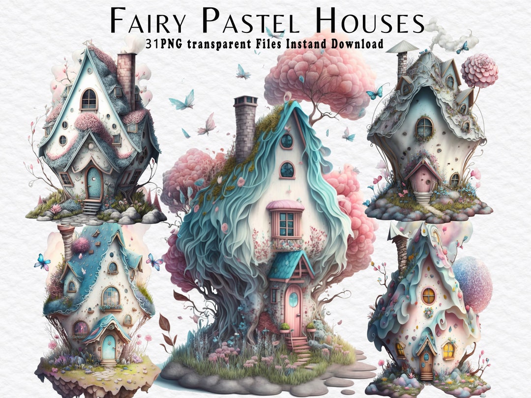 31 Cute Pastel Fairy House Watercolor Clipart PNG Transparent|instant ...