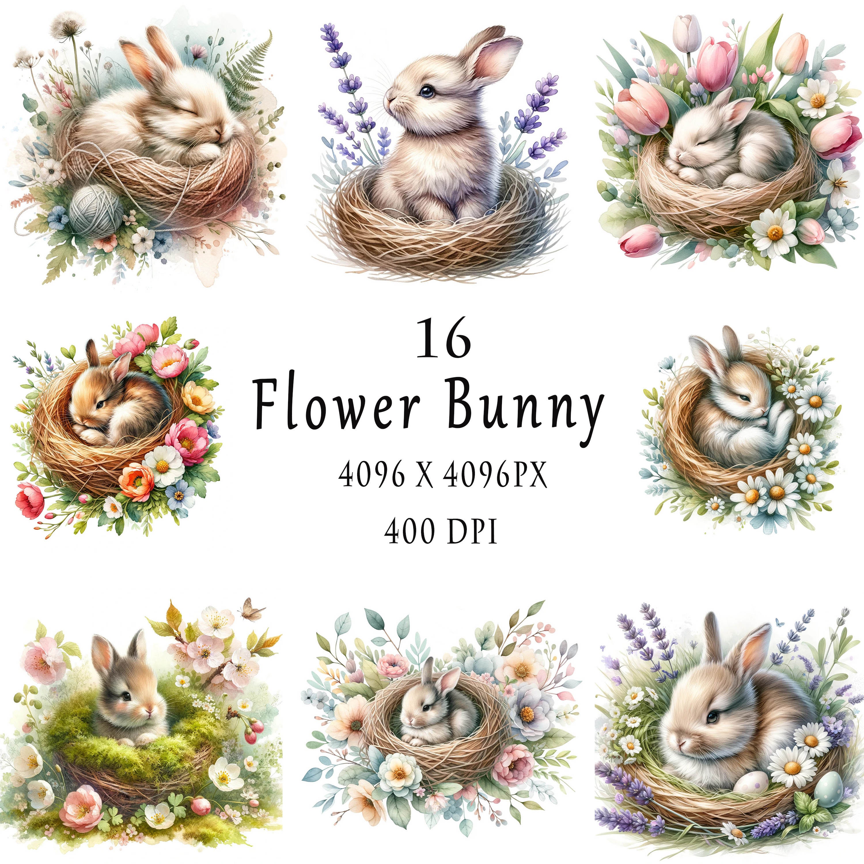 Easter Bunny Floral Spring Clipart, 16 High Quality Jpgs, Flower ...