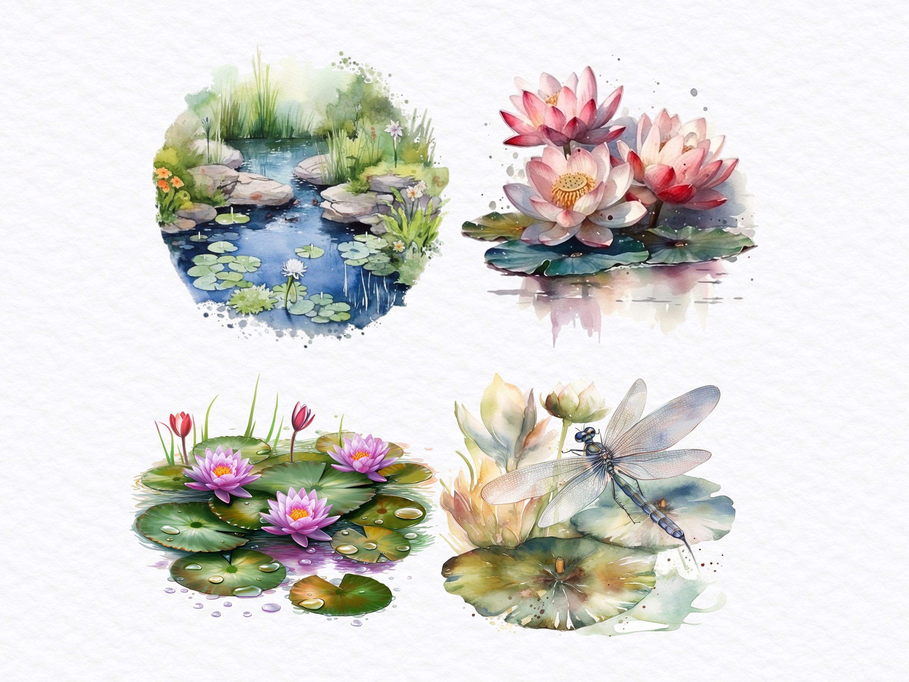 Watercolor Lily Pond Clipart PNG Bundle Transparent and JPG 20 ...