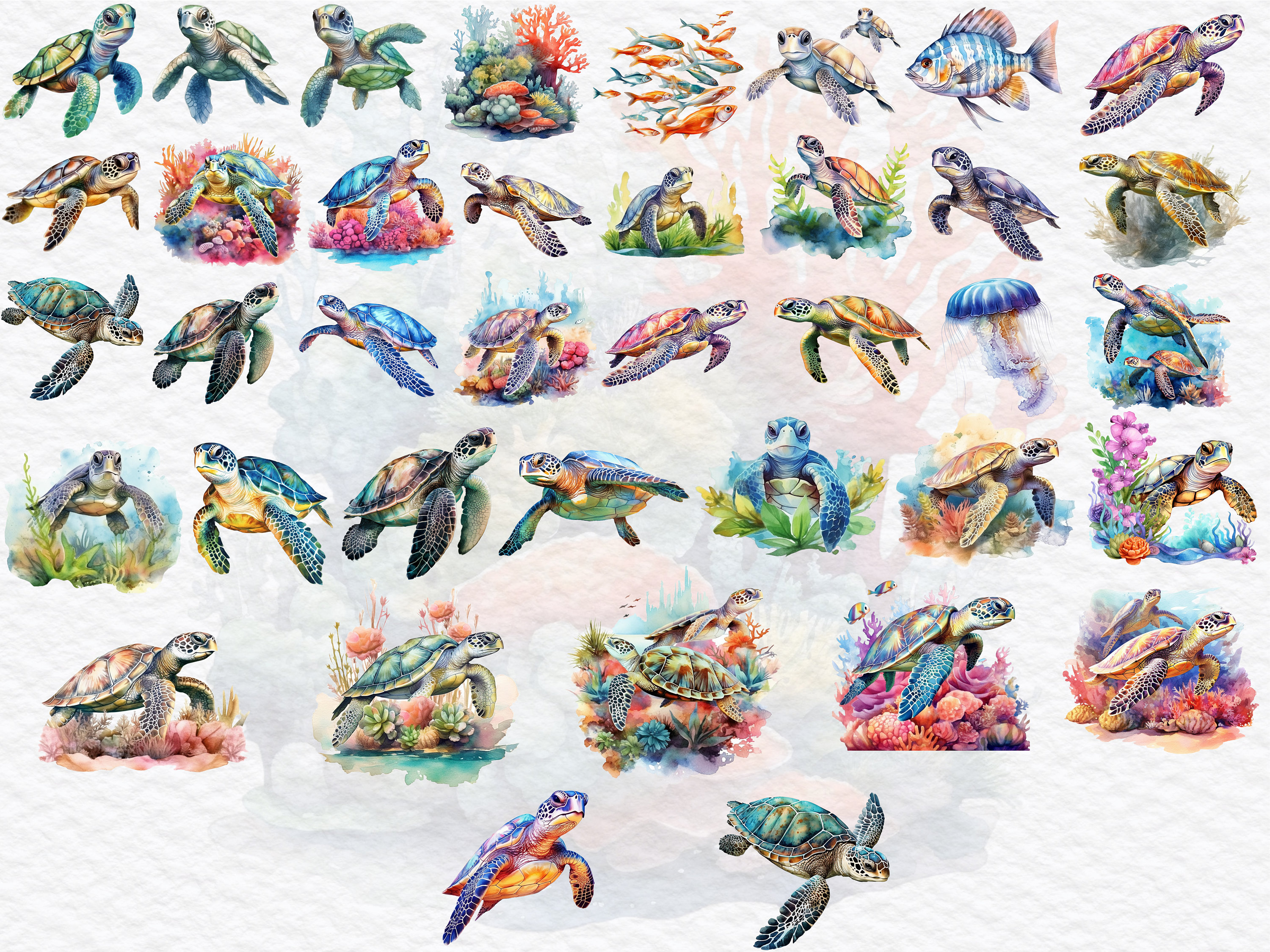 Watercolor Sea Turtle Clipart PNG Bundle,watercolor Ocean Animals ...