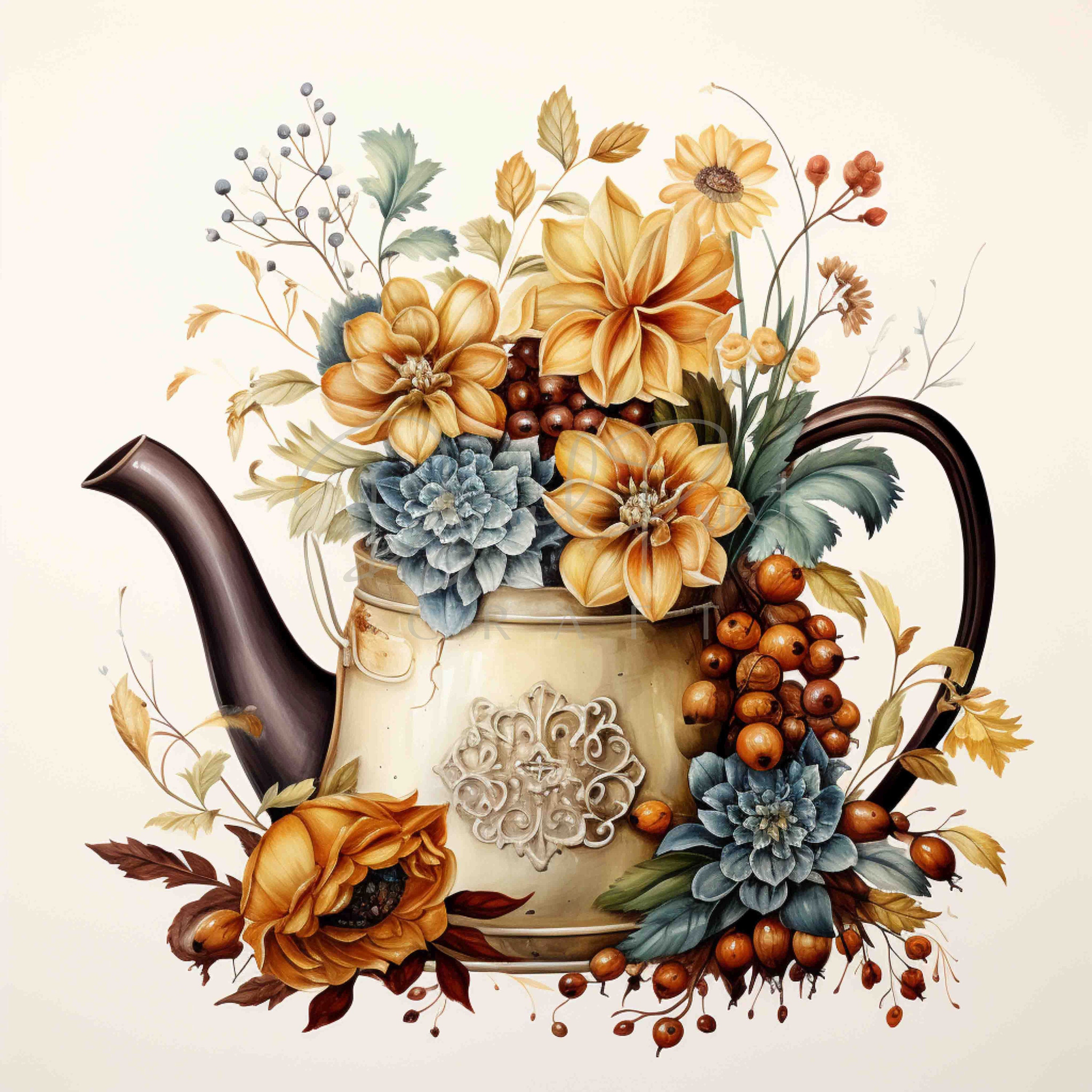 Watering Cans Bouquet of Flowers, Floral Bucket, 12 Jpgs, Printable Watercolor Clipart, Digital ...