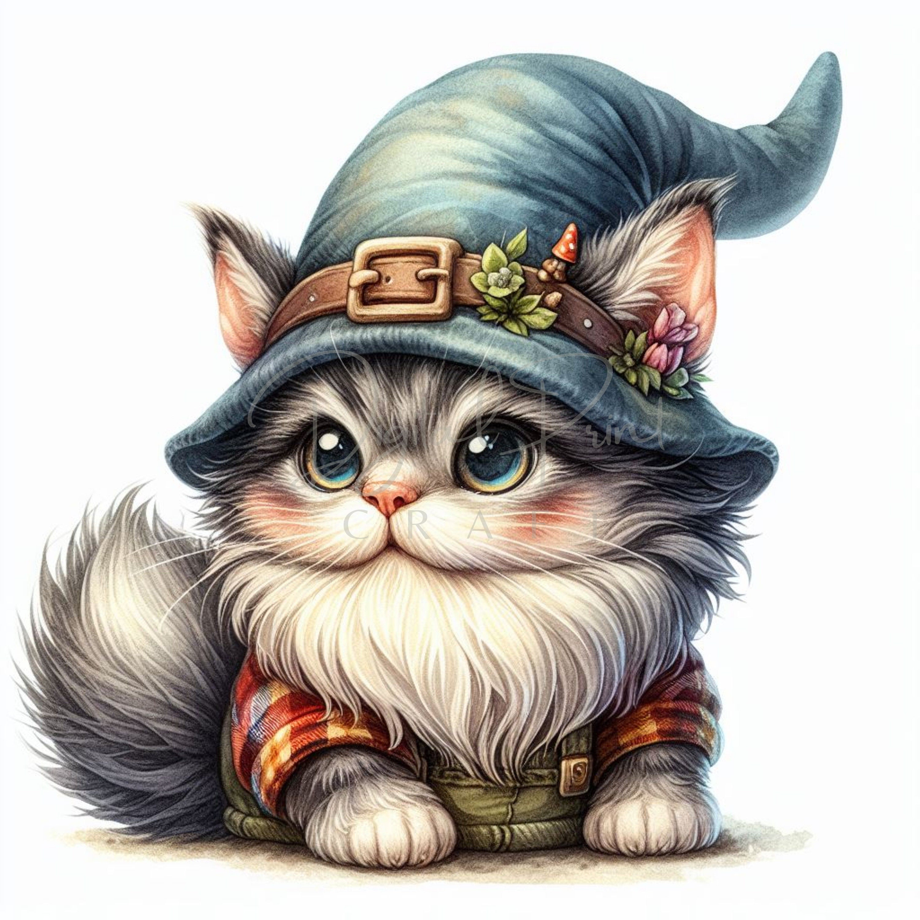 Gnome Cat Watercolor Clipart Bundle , 13 JPG High Quality Clipart, Pet ...