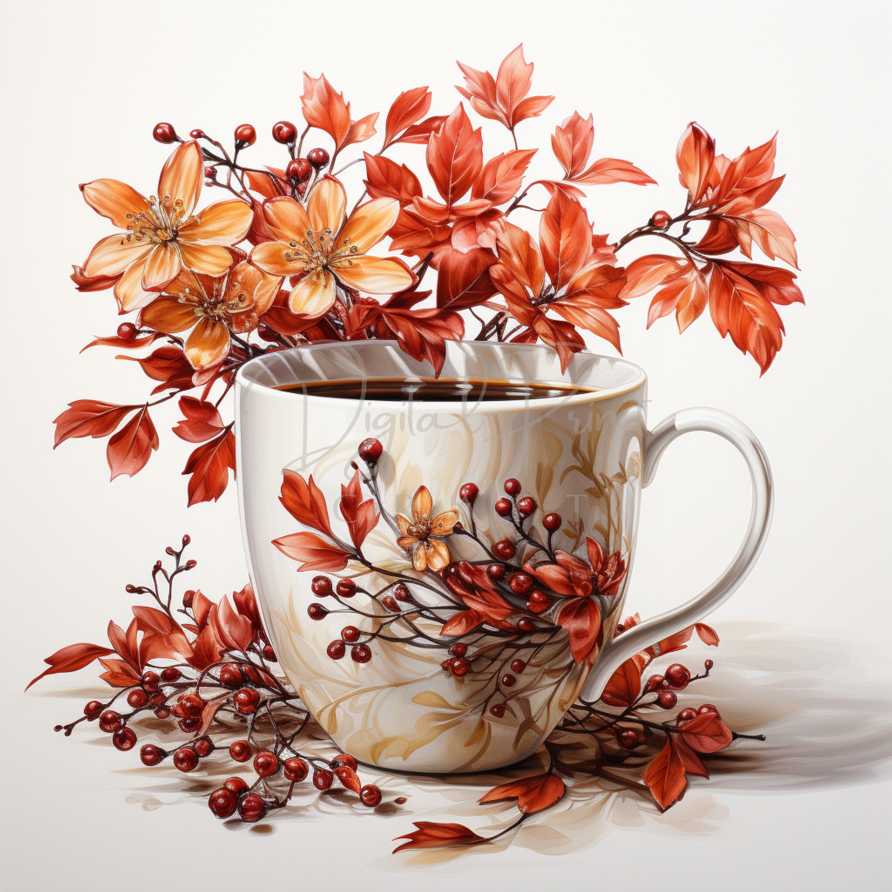 12 Fall Coffe Mug Clipart, Floral Autumn Decoration, Ideal for ...