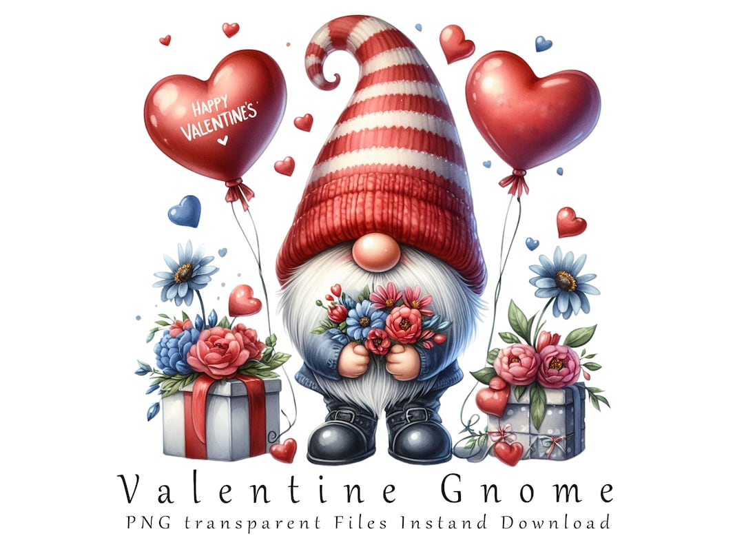 Watercolor Valentine Gnome Clipart, 16 PNG Valentines Day Clipart ...