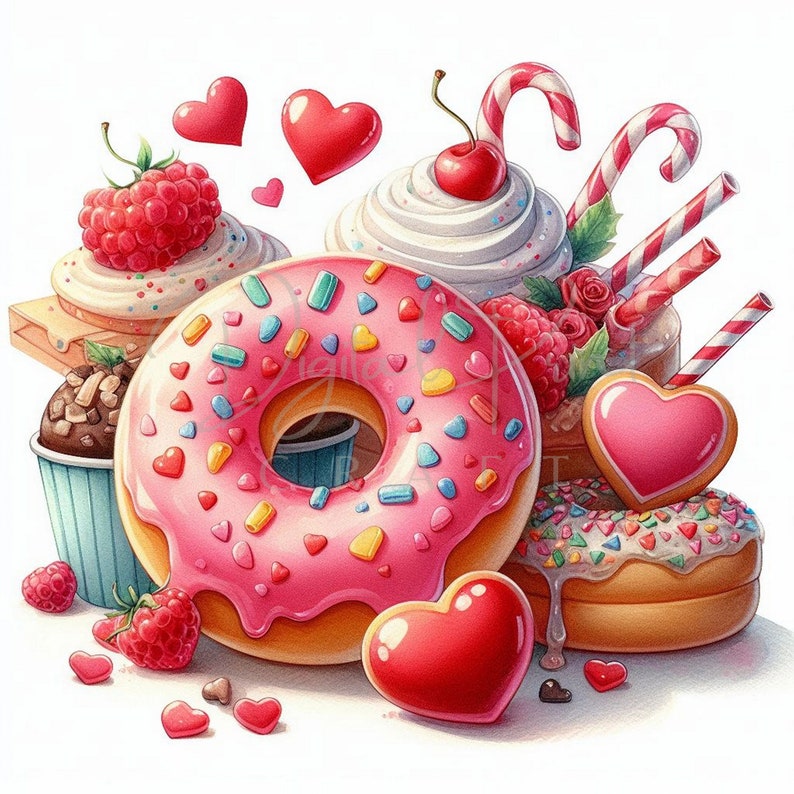 Valentine Donut Clipart, 12 JPG Valentines Day Clipart, Valentine Sweet ...
