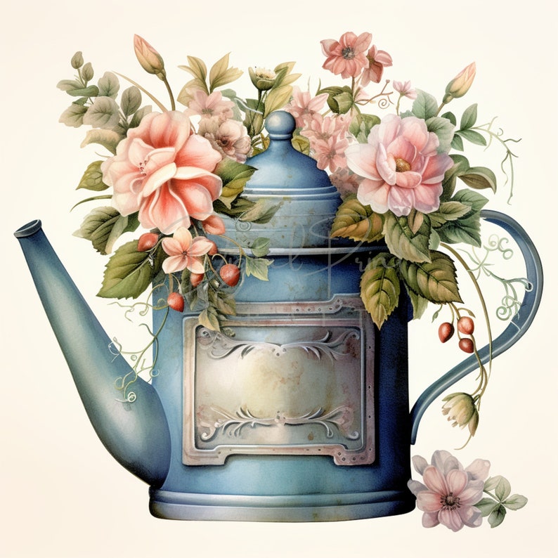Shabby Chic Blue Watering Can, Flower Clipart, 12 High Quality Jpgs ...