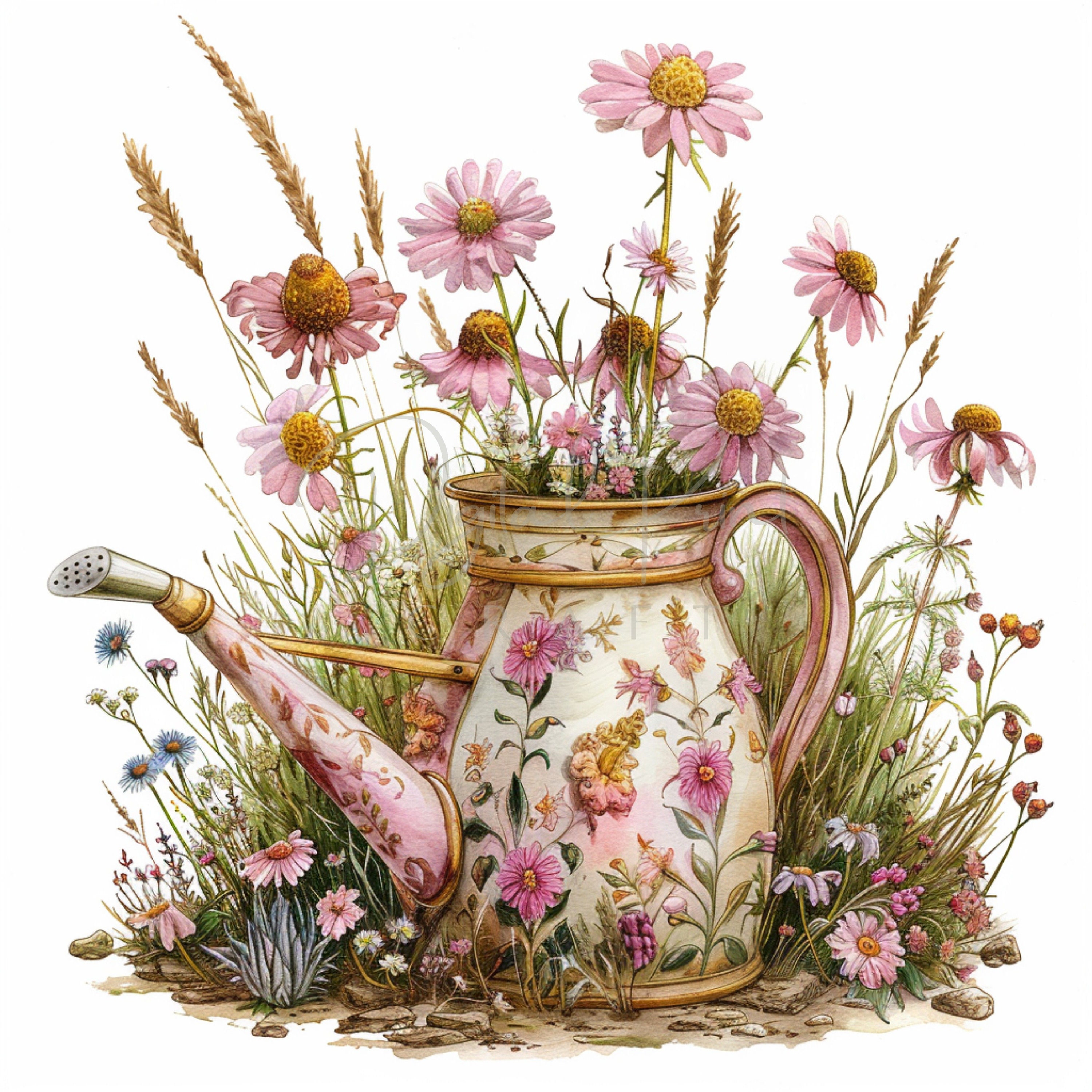 Shabby Chic Pink Watering Can, Flower Clipart, 13 High Quality Jpgs ...