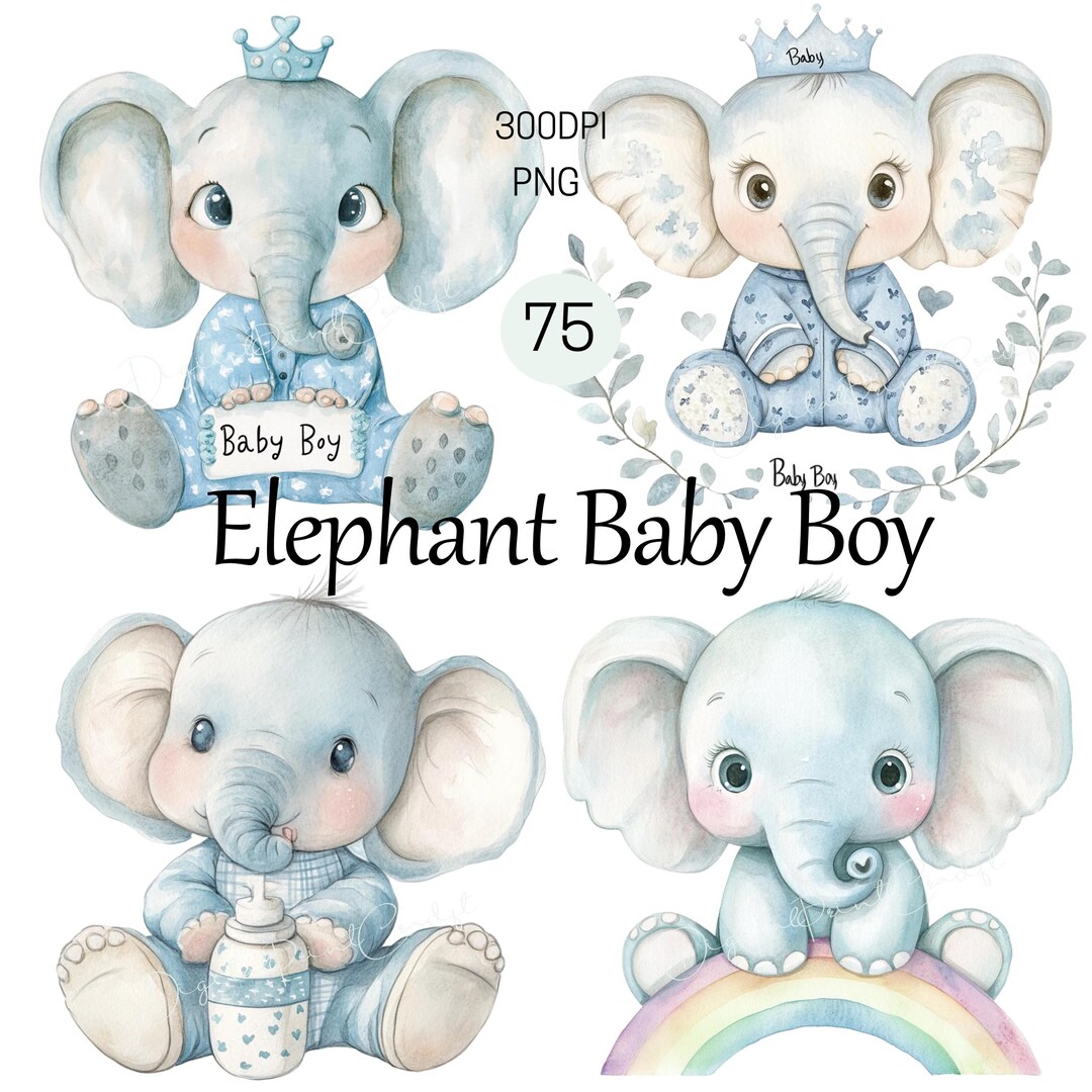 Elephant Clipart, Watercolor Baby Boy Elephant Illustration, Cute ...