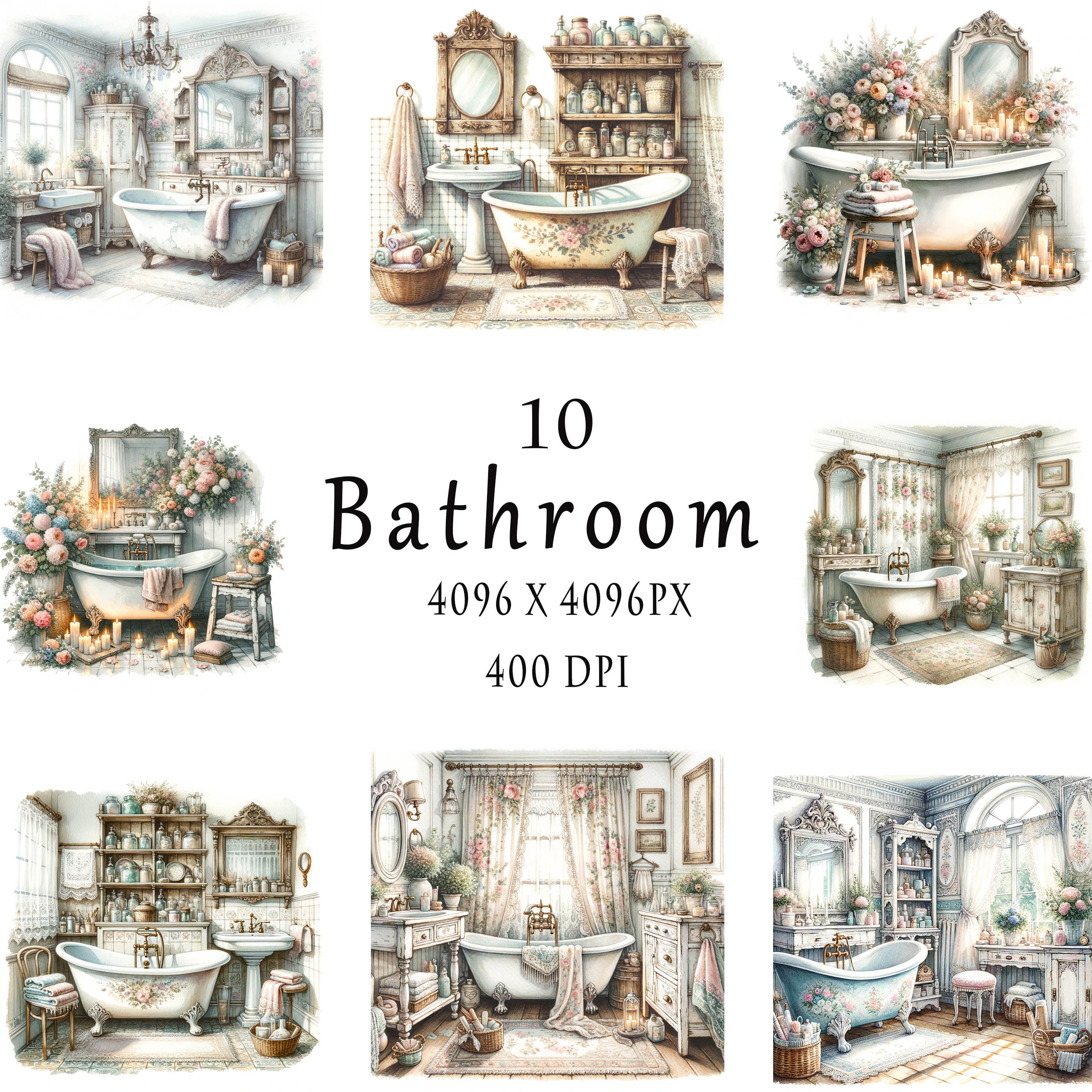 Shabby Chic Bathroom Clipart, House Interiour, 10 High Quality Jpgs ...
