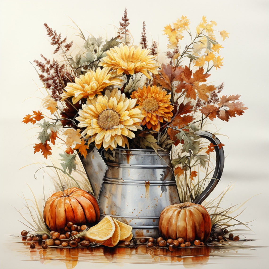 Watering Cans Bouquet of Flowers, Floral Bucket, 12 Jpgs, Printable Watercolor Clipart, Digital ...