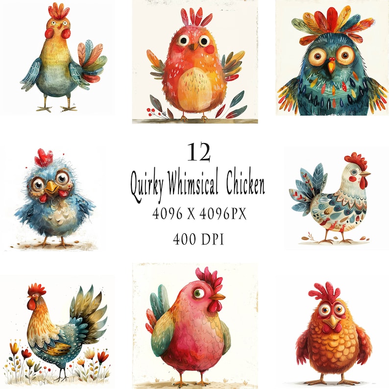 Quirky Whimsical Chicken Clipart, Shabby Chic Chicken, 12 Jpgs ...