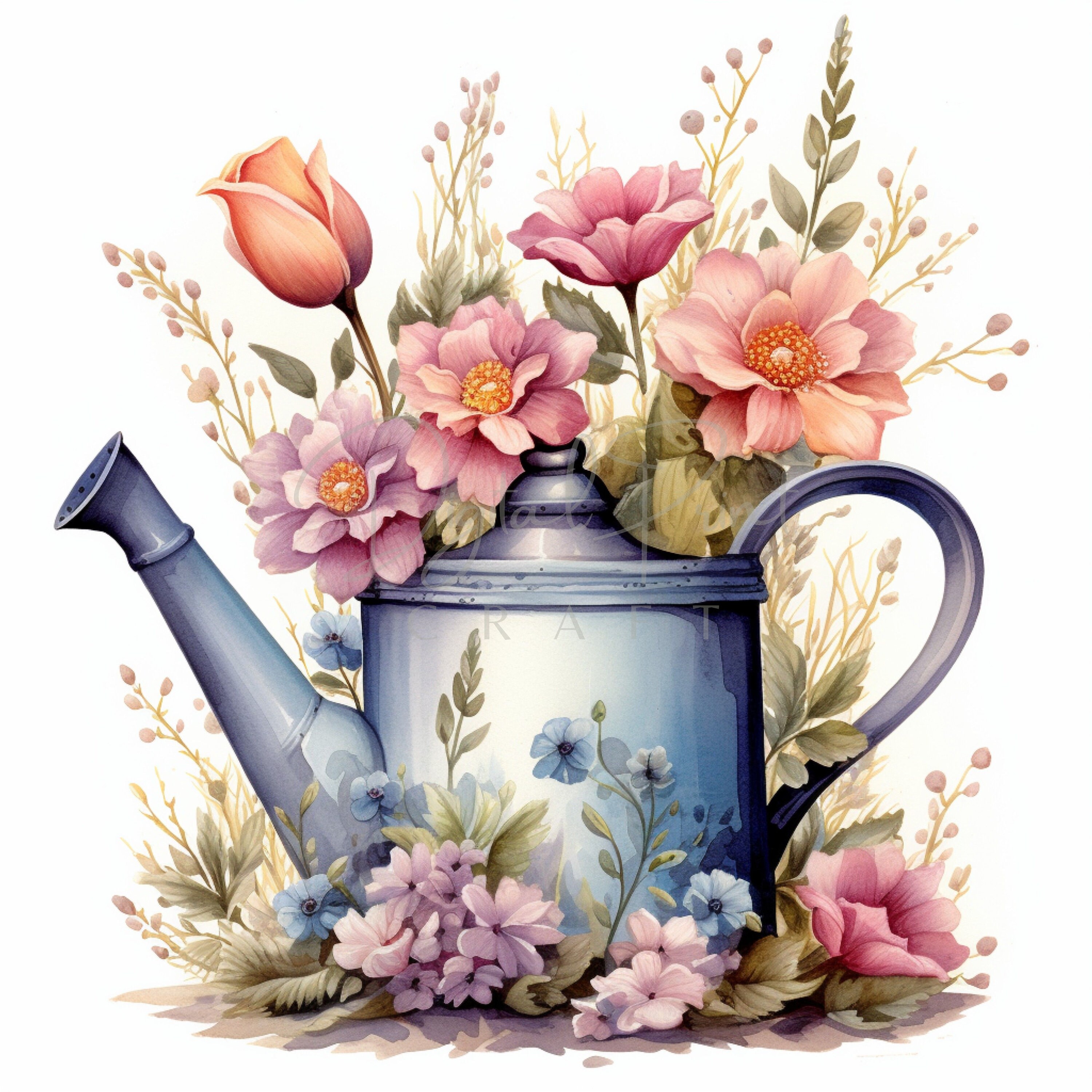 Shabby Chic Blue Watering Can, Flower Clipart, 12 High Quality Jpgs ...