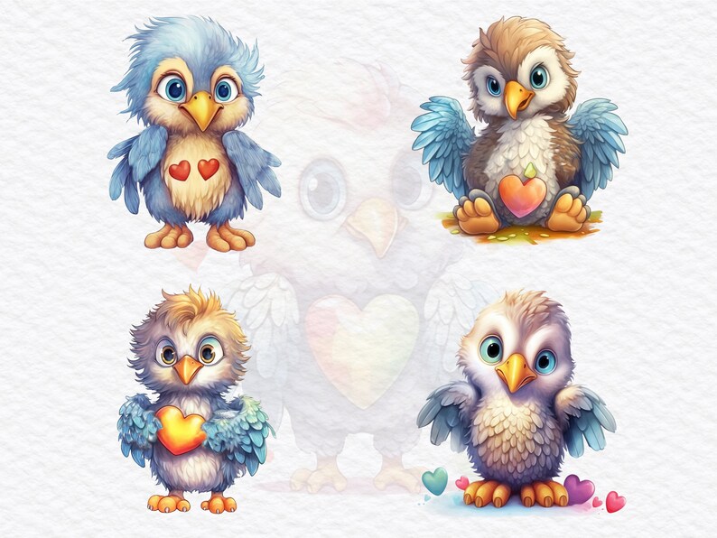 Colorful Cute Baby Eagles Clipart PNG Bundle Watercolor PNG - Etsy