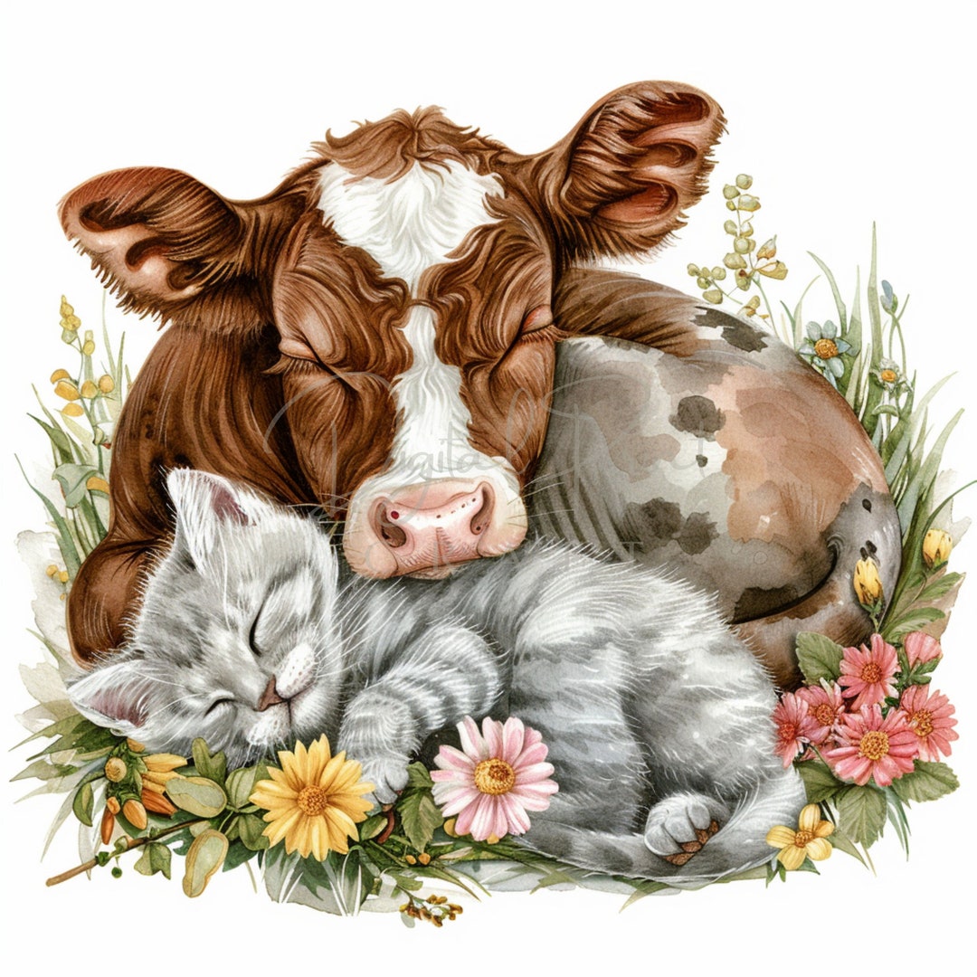 Cow Cat Snuggling Clipart, Calf Clipart, 17 High Quality Jpgs ...