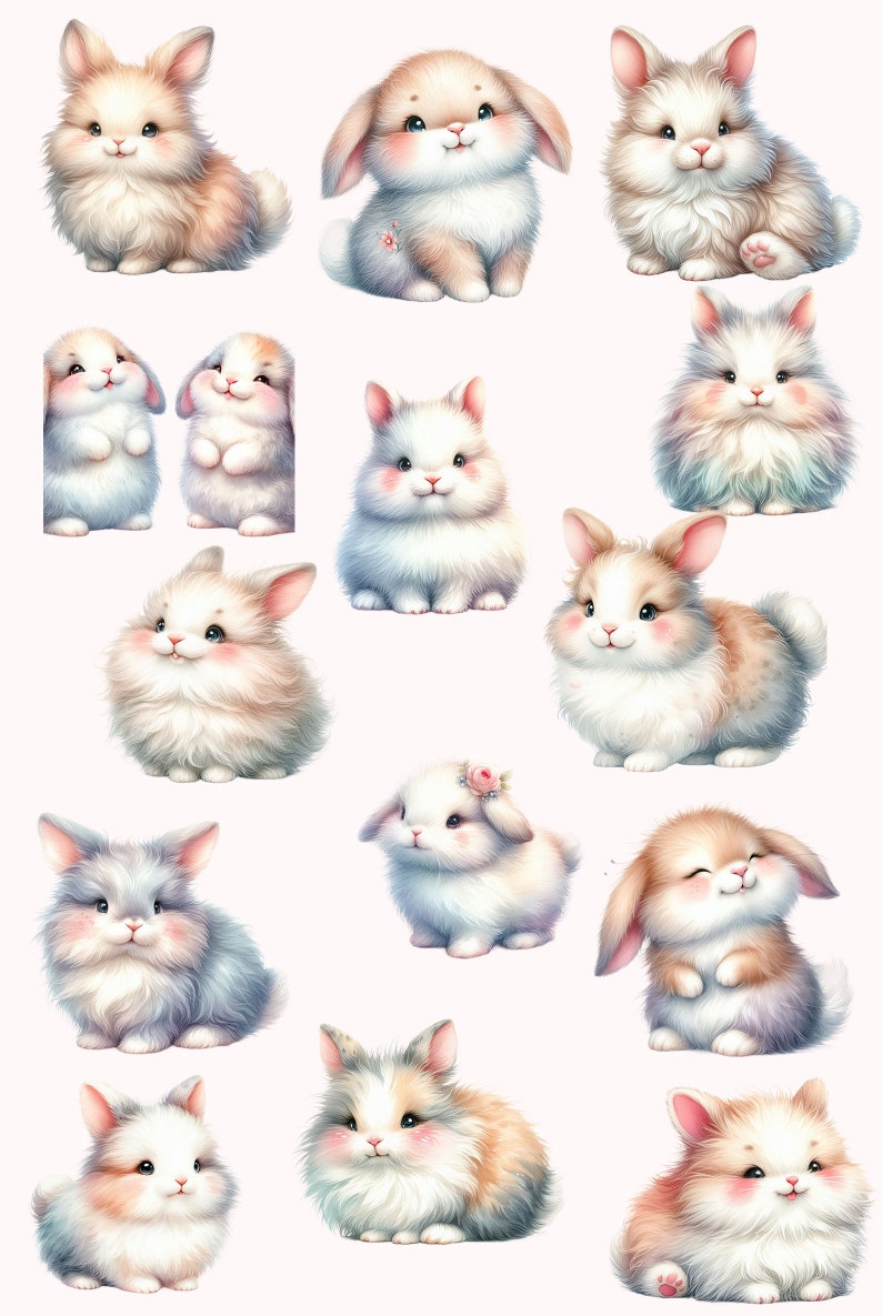 Colorful Cute Bunny Clipart PNG Bundle, 14 Watercolor PNG Files for ...