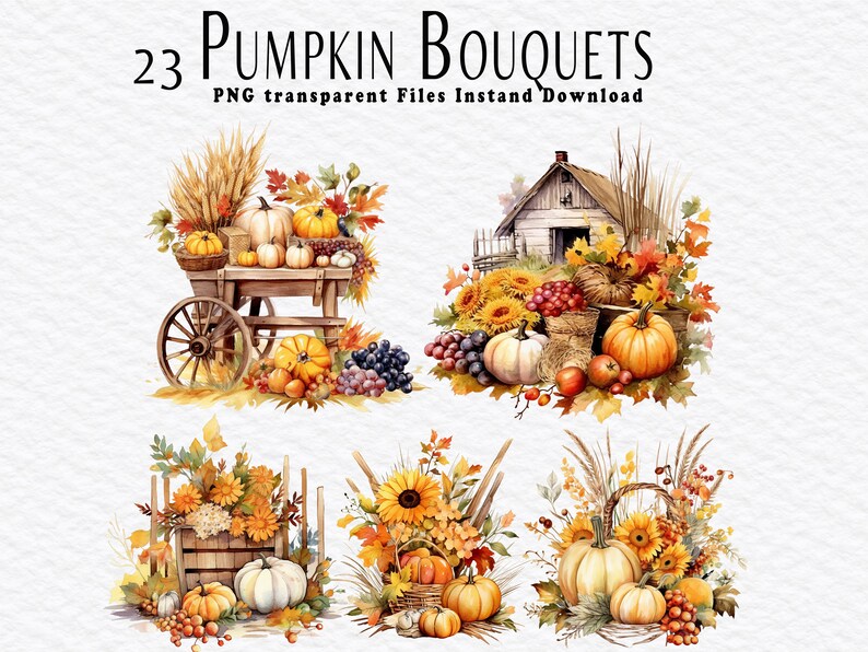 Pumpkin Bouquets Clipart Bundle Fall Autumn Watercolor in PNG Format ...
