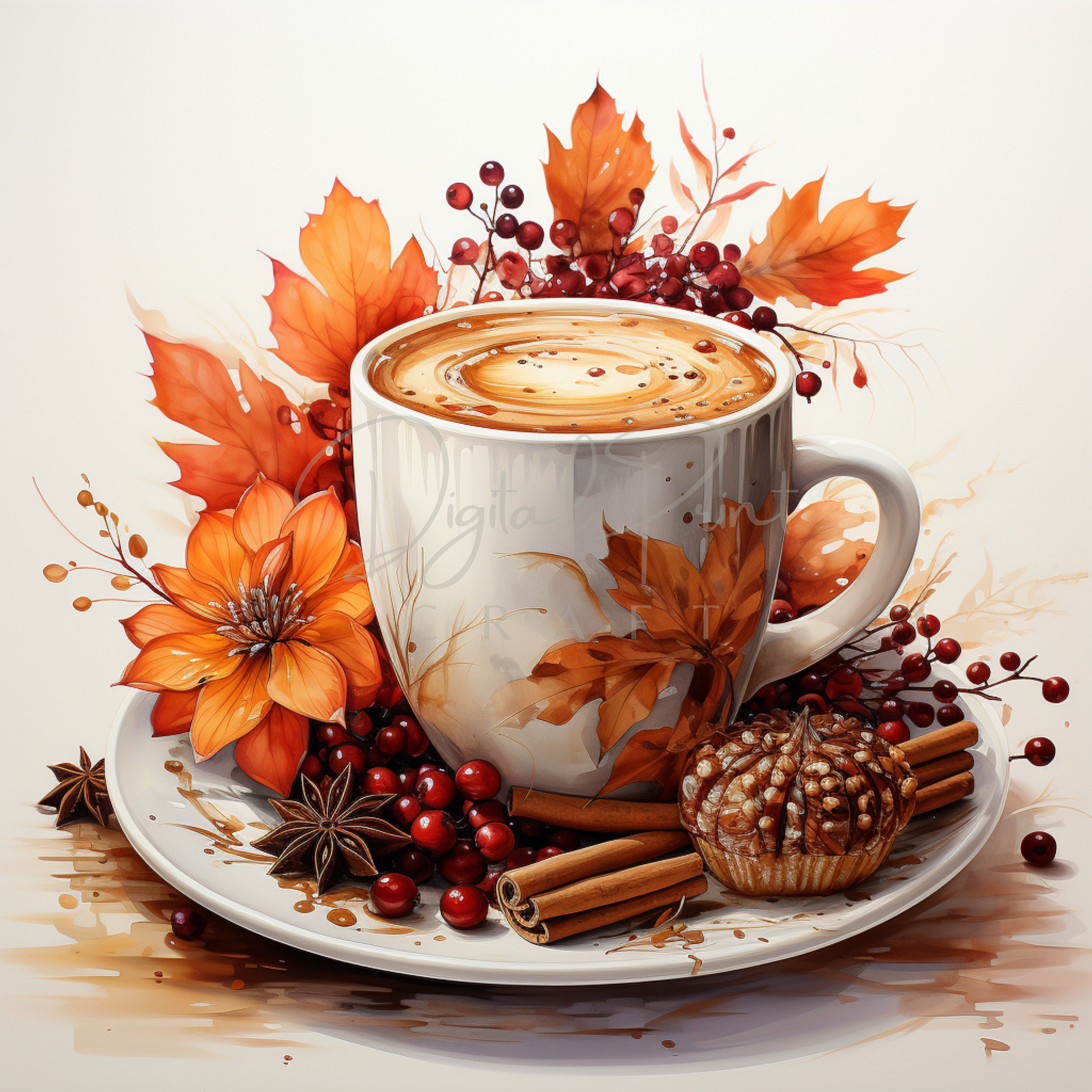12 Fall Coffe Mug Clipart, Floral Autumn Decoration, Ideal for ...