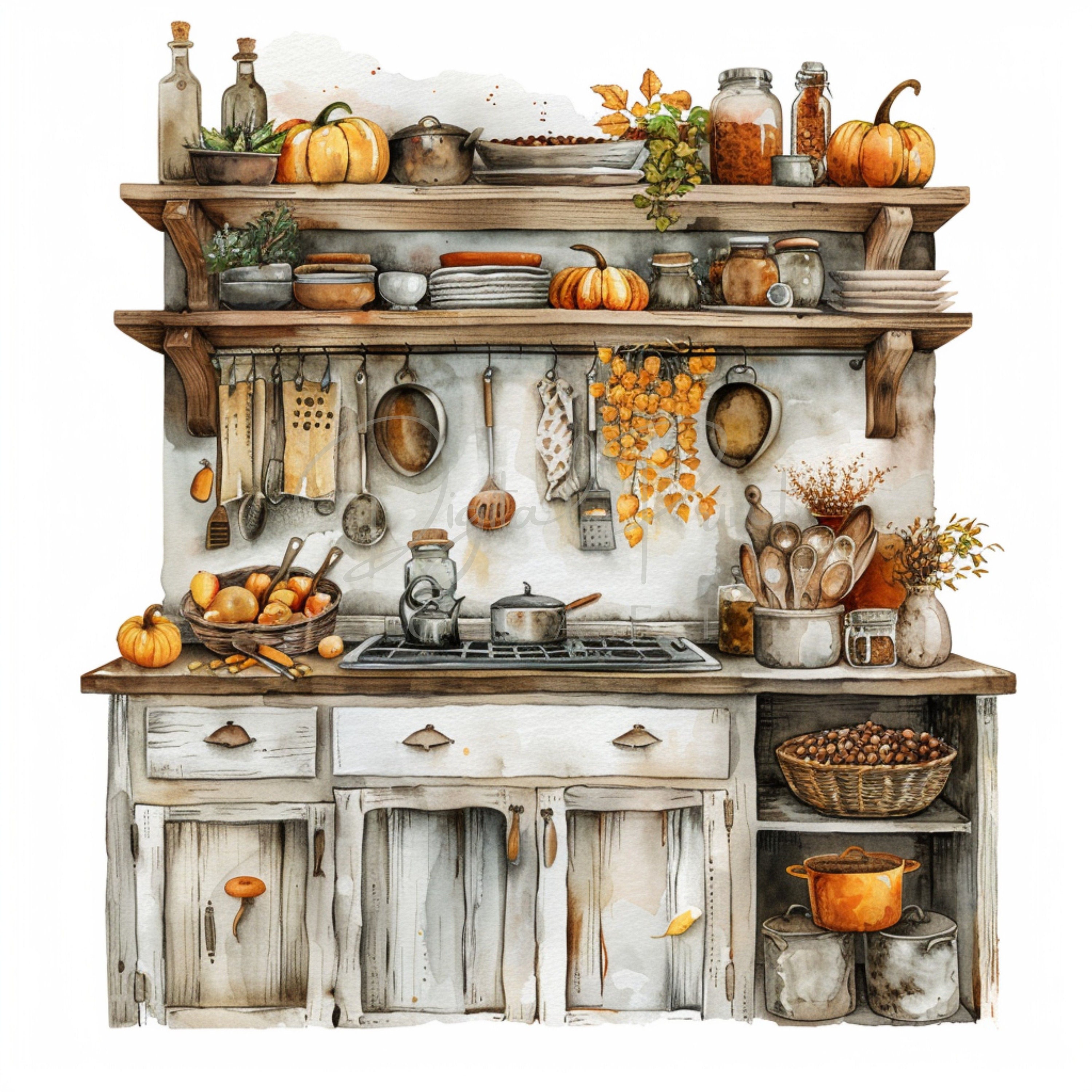 12 Autumn Little Kitchen Clipart, Floral Fall Cozy Kitchen, Watercolor ...