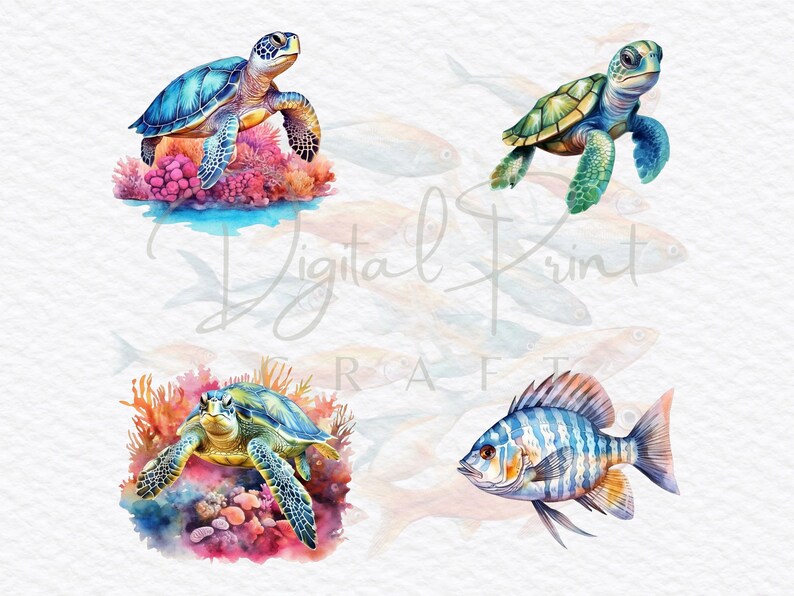 Watercolor Sea Turtle Clipart PNG Bundle,watercolor Ocean Animals ...