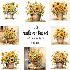 Vintage Sunflower Clipart, Floral Bucket, 23 High Quality Jpgs, Printable Watercolor Clipart ...