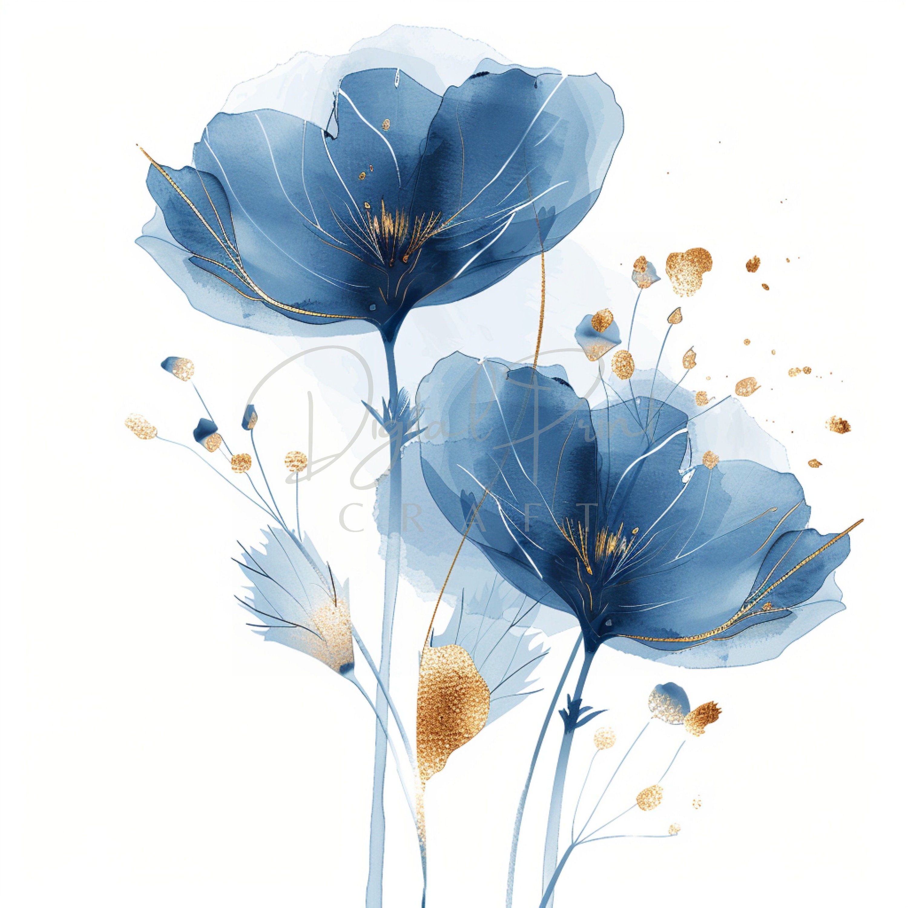 Abstract Floral Watercolor Print Clipart, Gold Blue Floral, 15 JPG ...