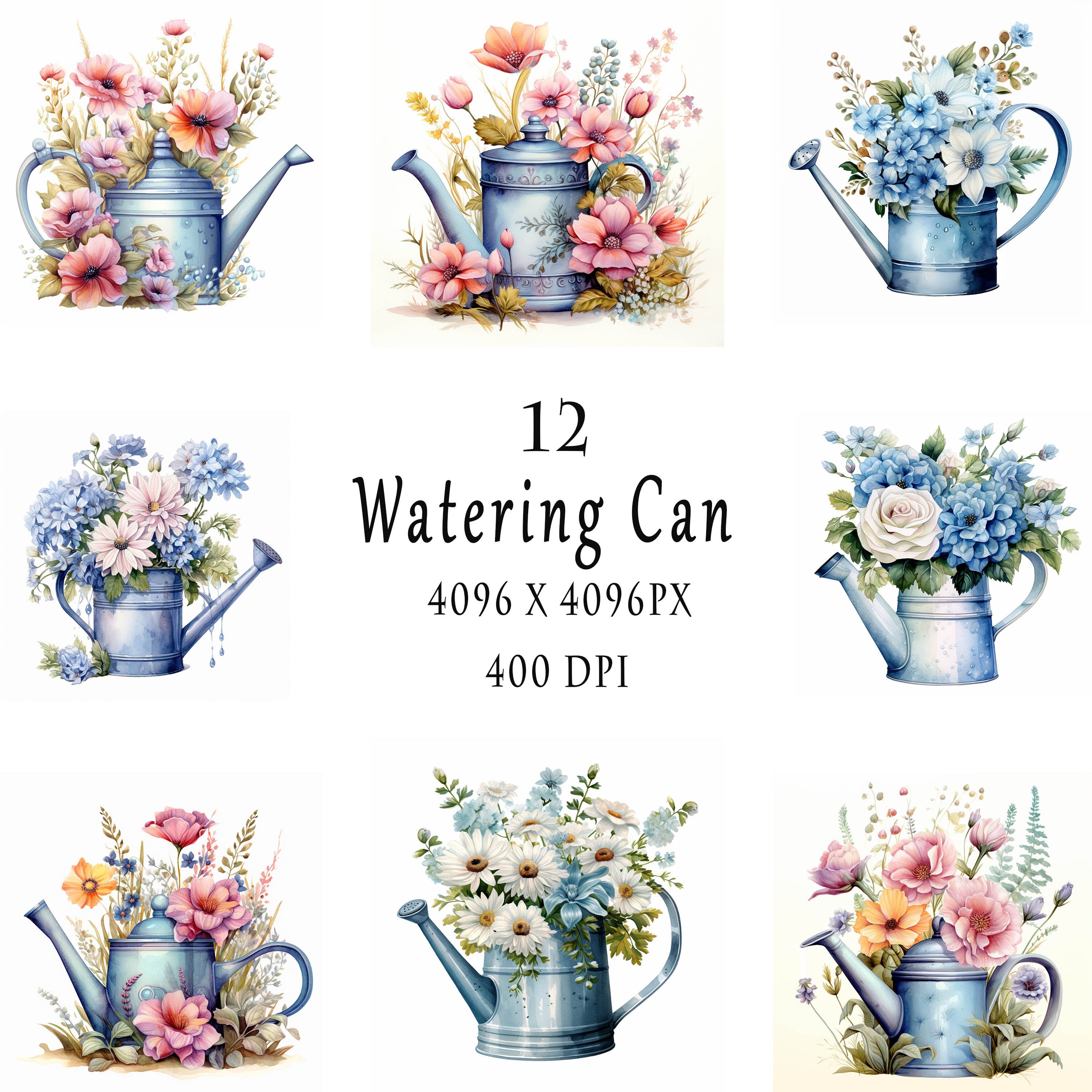 Shabby Chic Blue Watering Can, Flower Clipart, 12 High Quality Jpgs ...