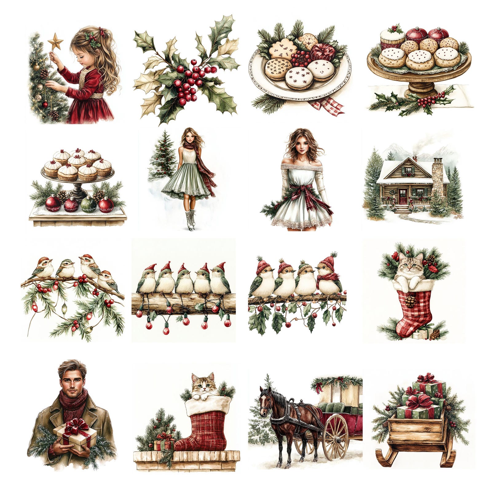 Christmas Clipart PNG Bundle,watercolor Vintage Illustrations,festive ...