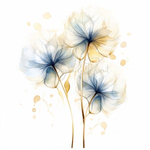 Abstract Floral Watercolor Print Clipart, Gold Blue Floral, 15 JPG ...