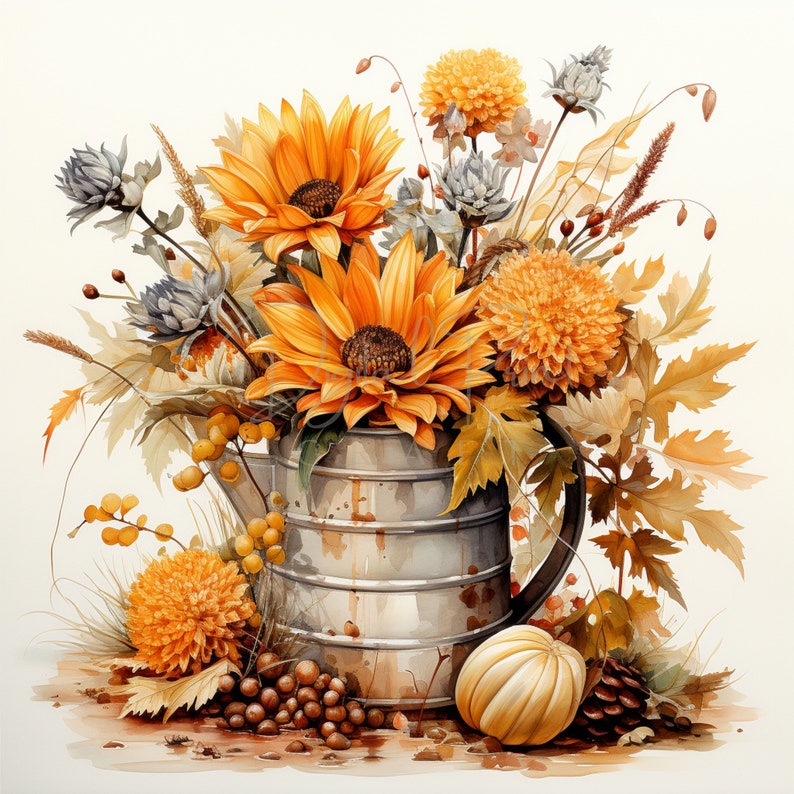 Watering Cans Bouquet of Flowers, Floral Bucket, 12 Jpgs, Printable Watercolor Clipart, Digital ...