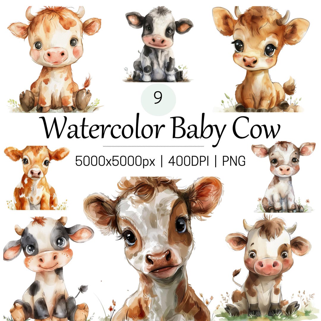 Watercolor Baby Cow Clipart, Cute Farm Animal Illustration, Rustic ...
