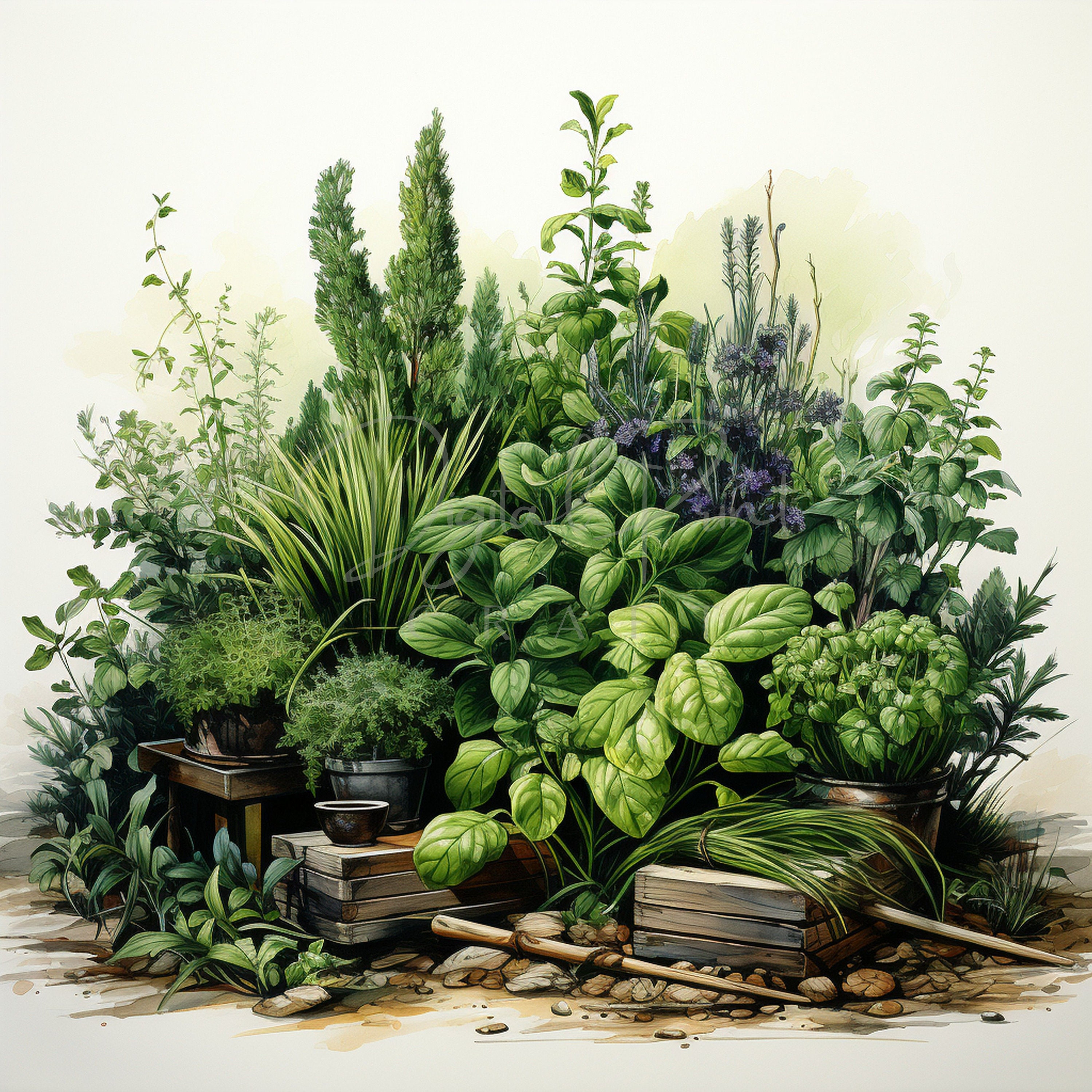 Botanical Garden Herb Clipart - 16 High Quality Jpgs, Watercolor ...