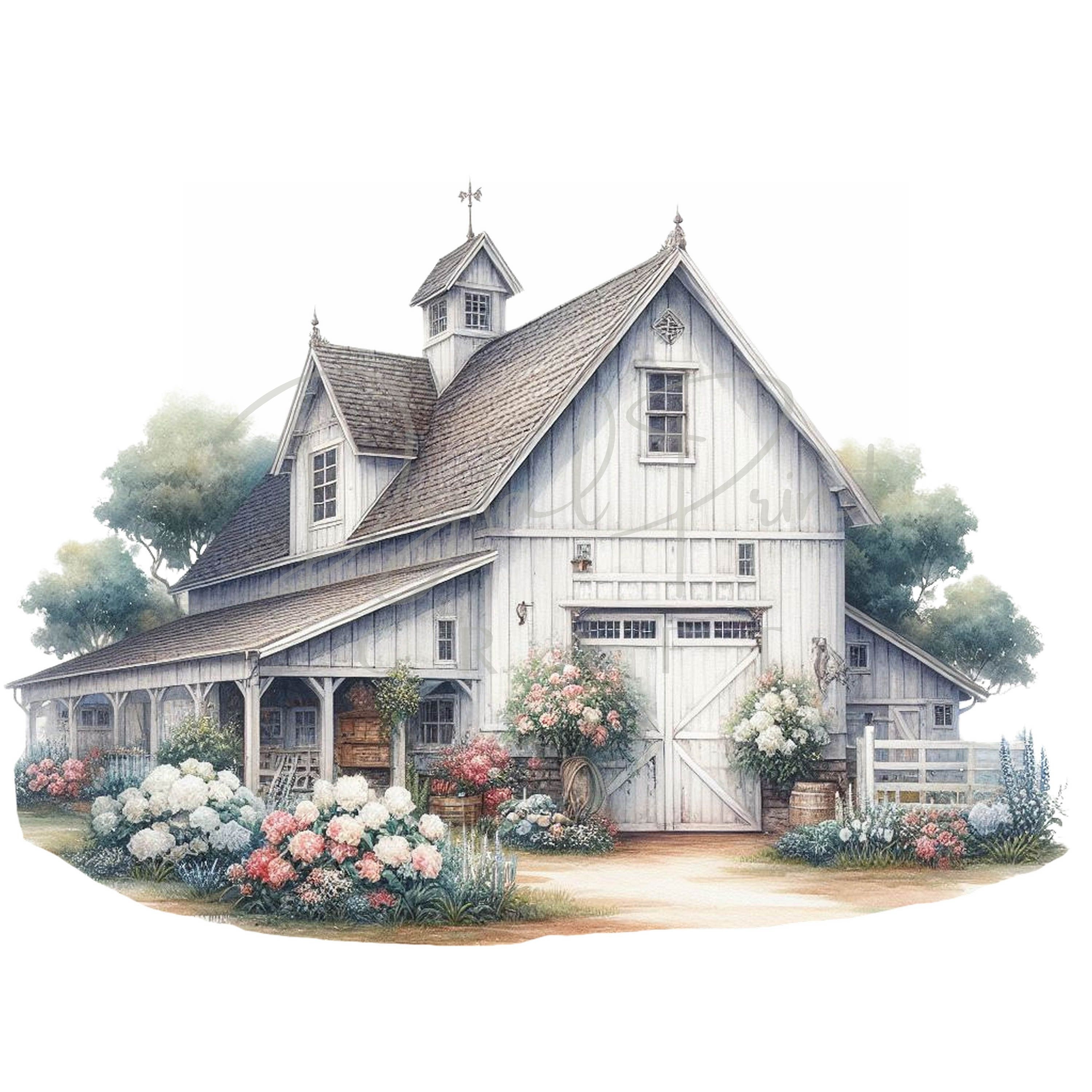 Farmhouse Clipart PNG Transparent Watercolor Farm Barn Bundle 16 PNG ...